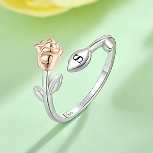 STARCHENIE Rose Initial Ring for Women 925 Sterling Silver Letter S Alphabet Adjustable Ring Size 7