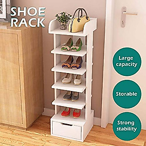 Mepplzian Shoe Rack Storage Rack with Bottom Drawer & 6 Shoe Rack Compartments, Space Saving Shoe Rack, Suitable for Bedroom, Living Room & Office(White Small)