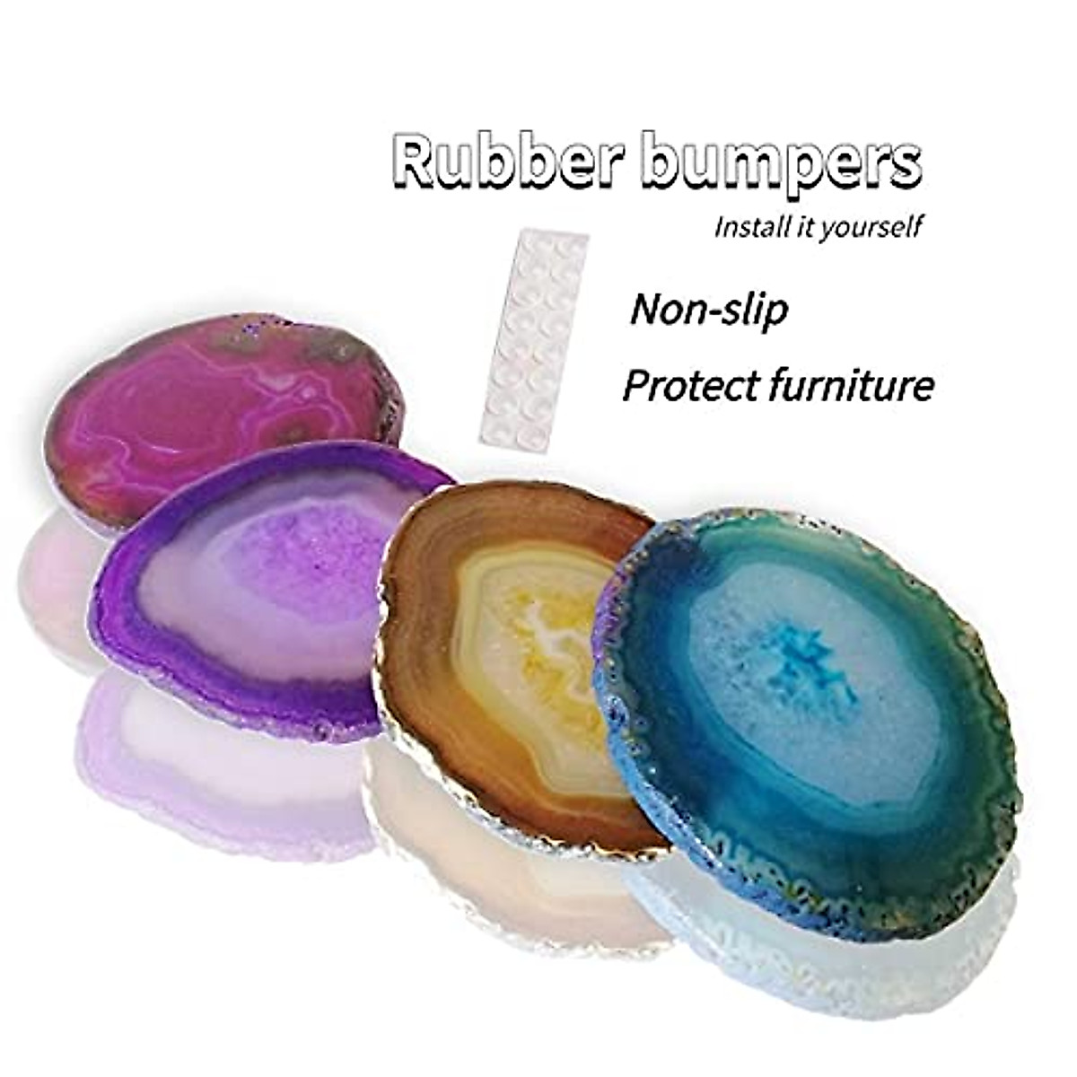 Agate Coaster for Drinks Mixed Color Crystal Coasters Set of 4 with Rubber Bumpers 3-4" for Coffee Wine or Bar Glasses