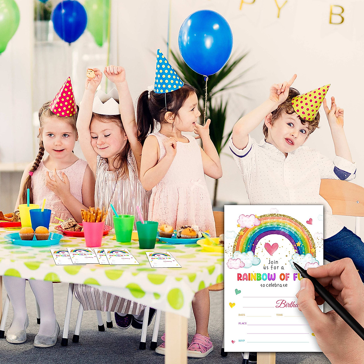 Buildinest Rainbow Birthday Party Invitations with Envelopes (20-Pack), 4"x6" Rainbow Cloud Heart Birthday Invitation Cards, Rainbow of Fun Party Invites-B28