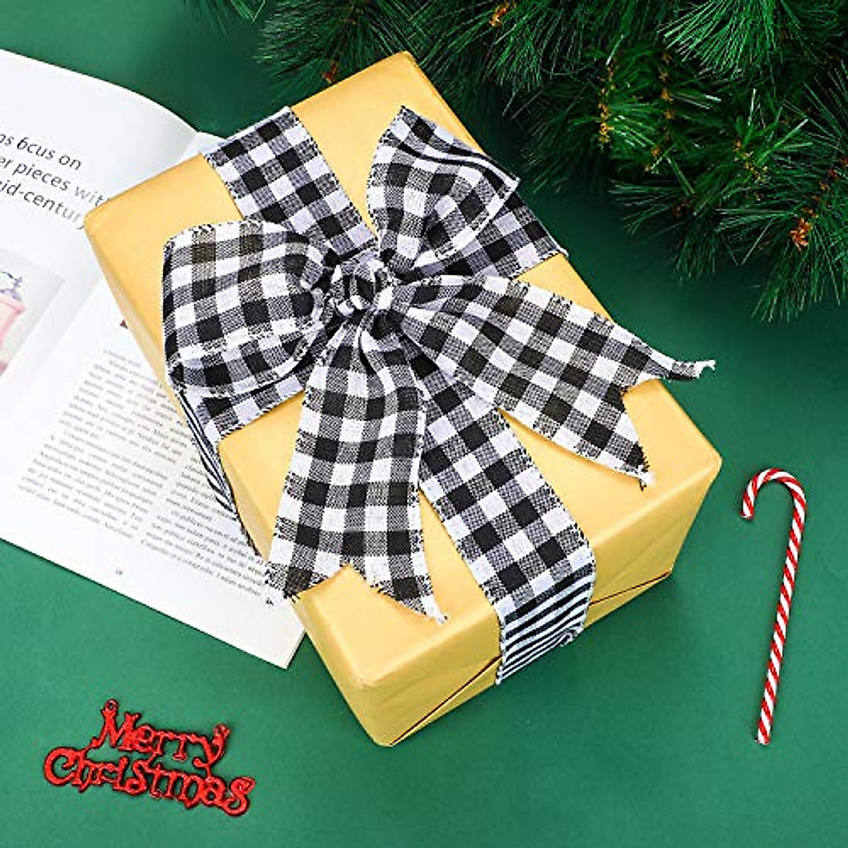 2 Rolls Wired Edge Ribbons Buffalo Plaid Burlap Ribbon Farmhouse DIY Gift Wrapping Crafts for Christmas Bow Wreath Tree Decoration (White Black Plaid, 2.5 Inch Wide, 472 Inch)