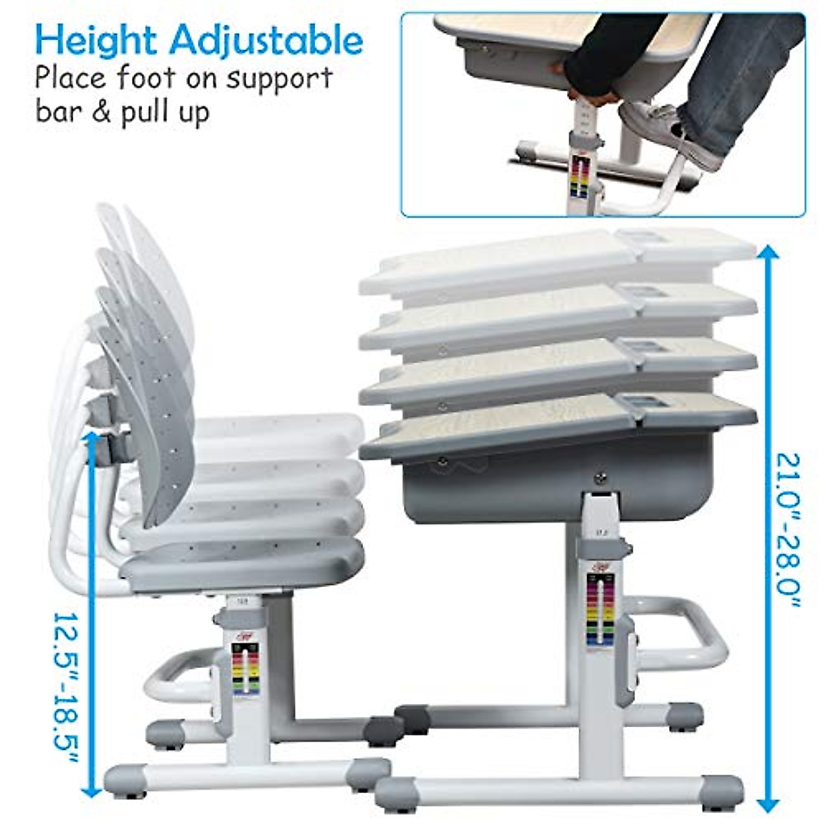 BABY JOY Kids Desk and Chair Set, Height Adjustable, Children's Study Table with Large Storage Space, Ergonomic Winged Backrest Chair, Student School Desk Set Great Gift for Ages 3 to 14 (Gray)