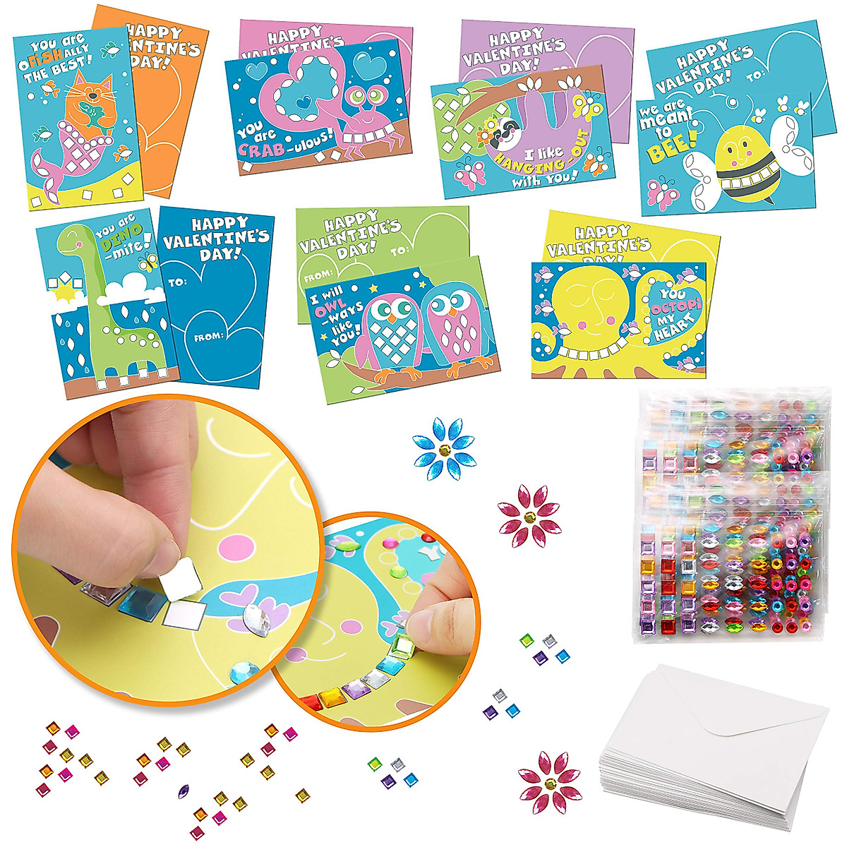 JOYIN 28 Packs Valentine Cards with Mosaic Crystal Gem Sticker Art Kits for Kids Valentine's Day DIY Craft Jewels Valentines Day Classroom Exchange Prizes and Gifts, Valentine’s Greeting Cards