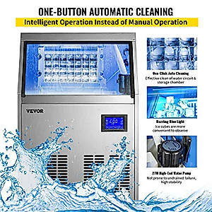 VEVOR 110V Commercial ice Maker 110-120LBS/24H with 33LBS Bin and Electric Water Drain Pump, Clear Cube, Stainless Steel Construction, Auto Operation, Include Water Filter 2 Scoops and Connection Hose