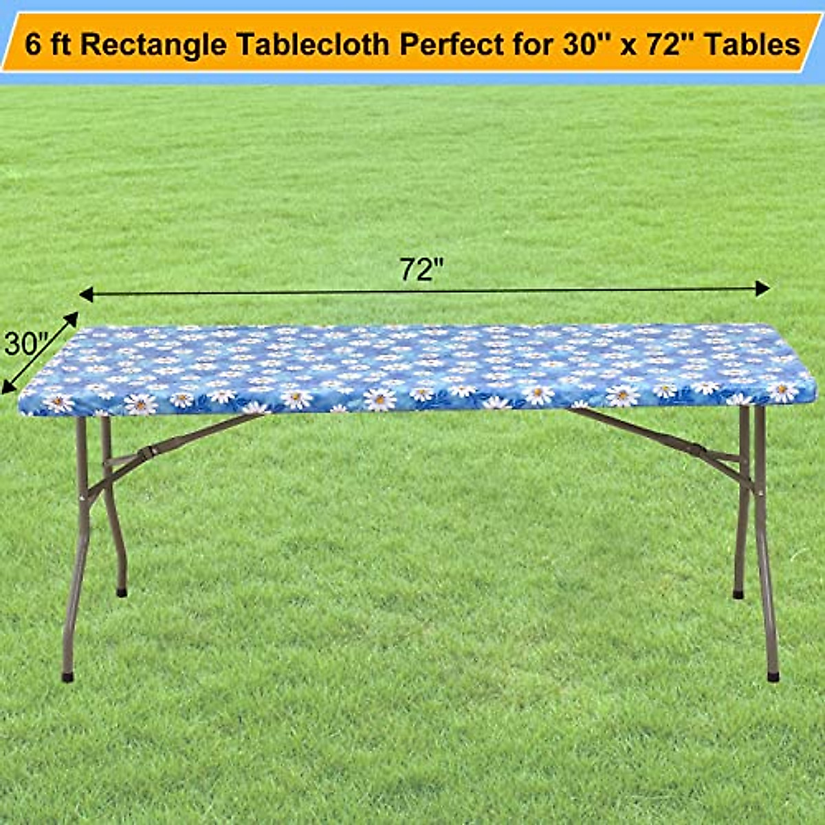 Vinyl Elastic Tablecloth for 6 ft Rectangle Table, Fitted Table Cover with Flannel Backing, 30'' x 72'' Waterproof Plastic Table Cloth with Daisy Floral Pattern, for Outdoor Picnics Dining Holiday