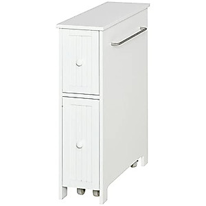 Slim Bathroom Cabinet Freestanding Storage Toilet Paper Holder and Wheels 7 X 20.5 24.75 Inches White Modern Contemporary Rectangular Wood