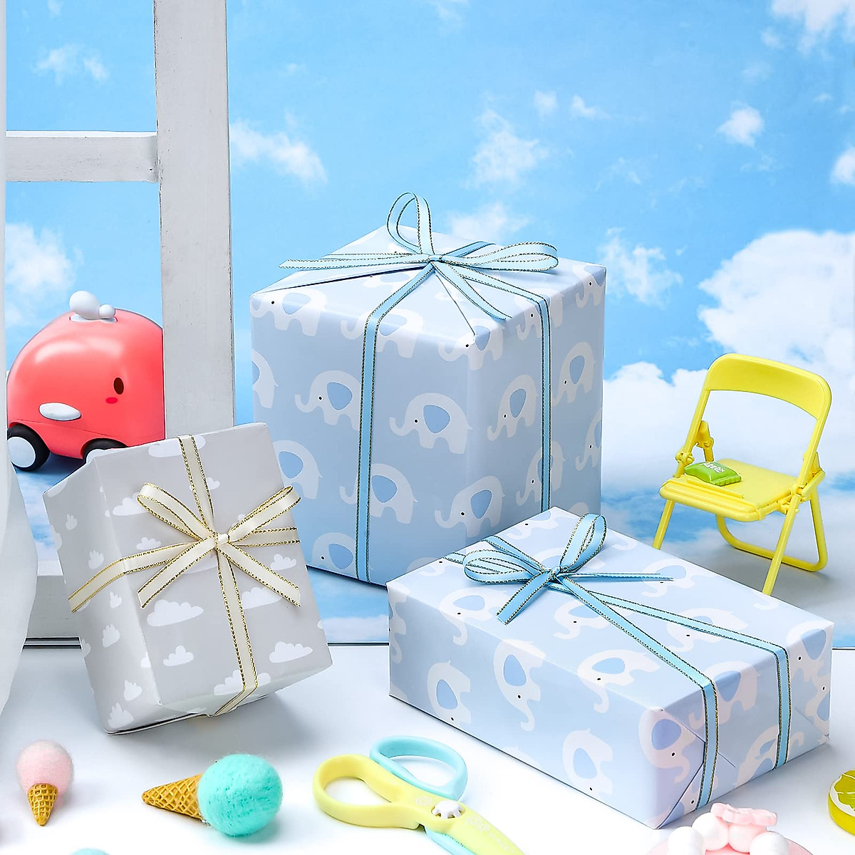 LeZakaa Reversible Baby Shower Wrapping Paper - Jumbo Roll - Elephant in Blue & Cloud in Gray for Baby Boy - 24 inches x 100 Feet (200 sq.ft.)