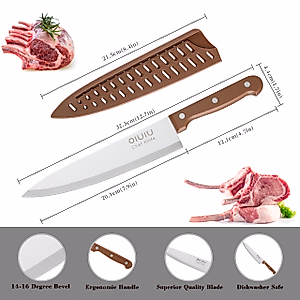 OLULU 8 inch Chef Knife, Razor Sharp Kitchen Knife with Protective Knife Sheath, Razor Sharp Slicing Knife with Ergonomic Handle, German Stainless Steel, Dishwasher Safe (Brown Color)