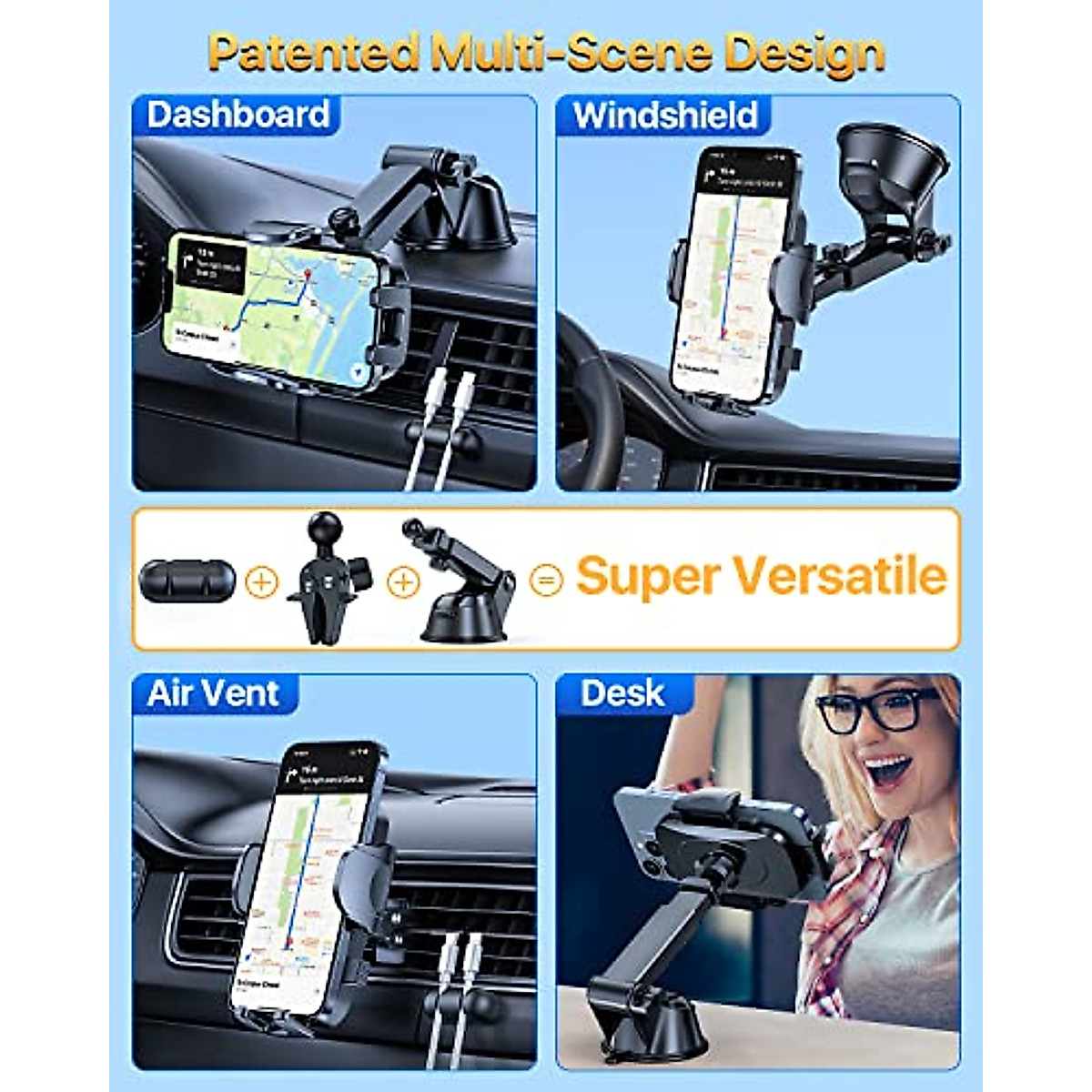 YRU [Upgrade 80LBS Strong Suction] Car Phone Holder Mount,[Bumpy Road Stable] Dashboard Cell Phone Holder for Car Air Vent Windshield Phone Stand for iPhone 14 13 12 Pro Max Samsung & Pickup Truck