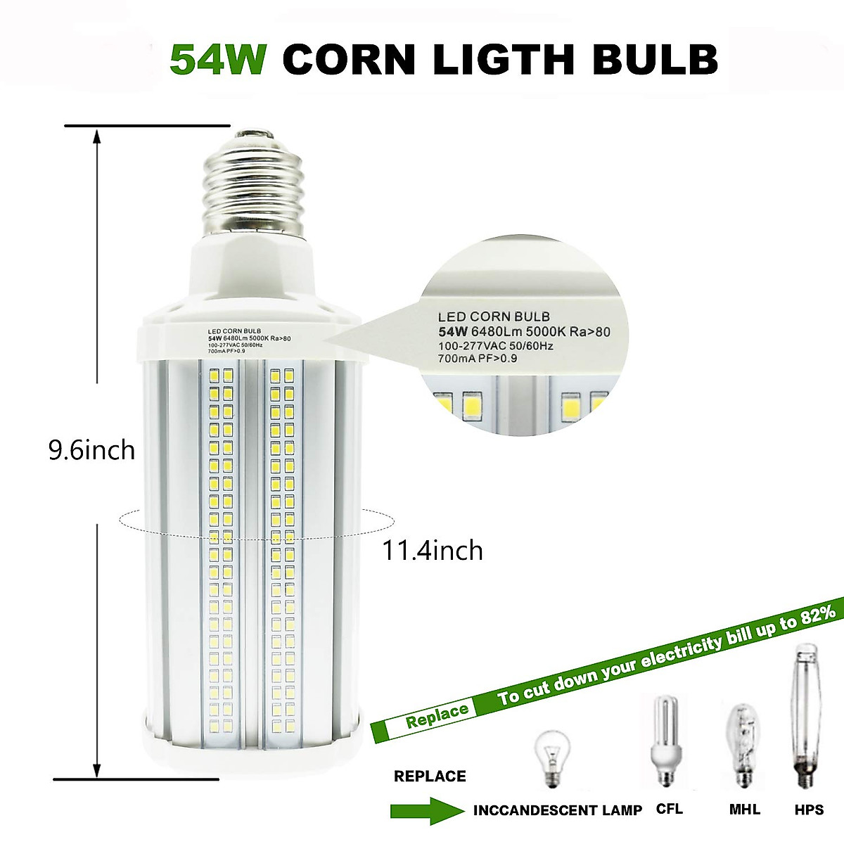 54W LED Corn Light Bulb Super Bright（400 Watt Equivalent 7020 Lumens 5000K E40 Large Mogul Base Large Area Cool Daylight White for Indoor Garage Warehouse High Bay Barn Parking Lot Patio