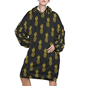 VunKo Summer Gold Pineapple Black Wearable Blanket Hoodie Oversized Sherpa Hooded Sweatshirt Blanket for Women Men