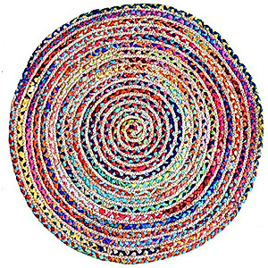 FRELISH DECOR Round Rug Area Rug, Jute & Cotton Multi Chindi Braid Rug, Hand Woven & Reversible- Handwoven from Multi-Color Vibrant Fabric Rugs Bohemian Colorful Rug (5 feet)