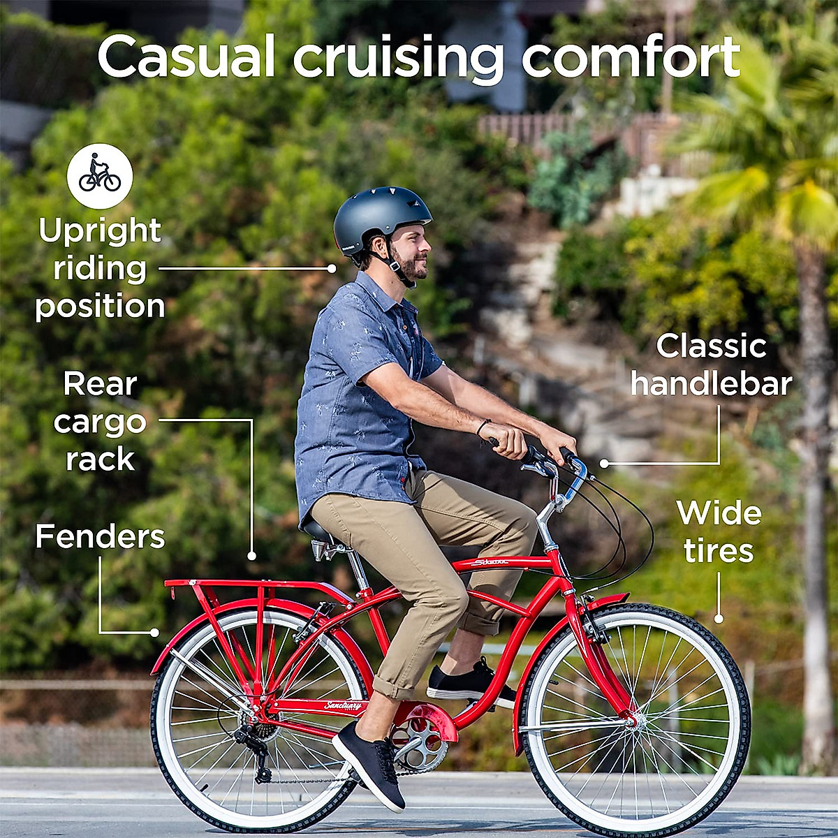 Schwinn Sanctuary 7 Comfort Beach Cruiser Bike for Adult Women Men, 7-Speed Drivetrain in Retro-Styled 18-Inch Steel Step-Over Frame, 26-Inch Wheels, with Front & Rear Fenders, Rear Cargo Rack