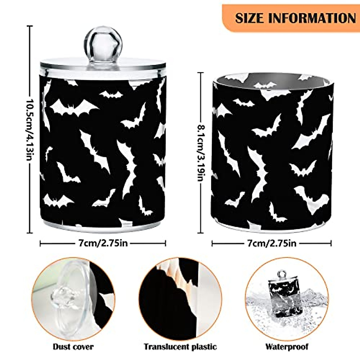 Swarm Of Bats on The Black Background Clear Plastic Storage Jars with Lids, Bathroom Vanity Storage Organizer Holder Canister for Cotton Swabs,Makeup Sponges, Flossers,Bath Salts,4 Pack