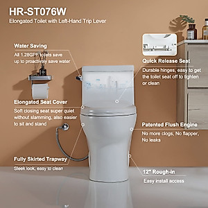 HOROW HR-ST076W Elongated Toilet with Left-Hand Trip Lever, One Piece Toilet for Bathroom, Soft Closing Seat Include, Single Side Flush High Efficiency 1.28 GPF, 12'' Rough-In, White Toilet Bowl