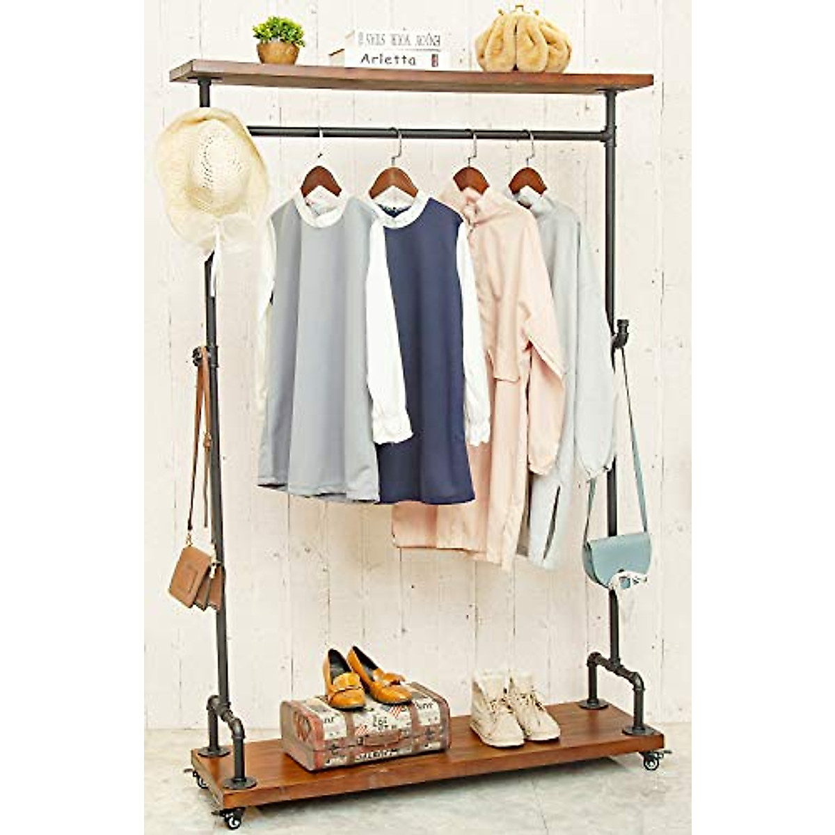 DOFURNILIM Industrial Pipe Clothing Racks, Rolling Garment Racks, Hall Tree on Lockable Wheels with Shelves and Shoes Storage, Heavy Duty Clothes Rack (two tiers garment rack)