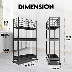 FANSPRO Slim Storage Cart, 3 Tier Metal Utility Cart with Wheels, Mobile Rolling Kitchen Cart Slide Out Narrow Storage Cart for Laundry Room Bathroom Small Spaces, Black