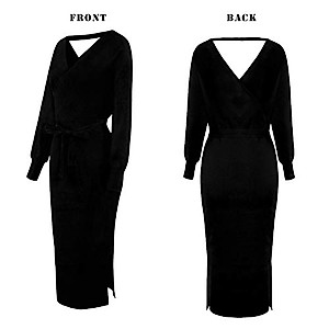 Viottiset Women's V Neck Batwing Long Sleeve Sexy Slim Elegant Open Back Wrap Bodycon Holiday Slit Long Maxi Knit Sweater Dresses with Belt Black X-Large