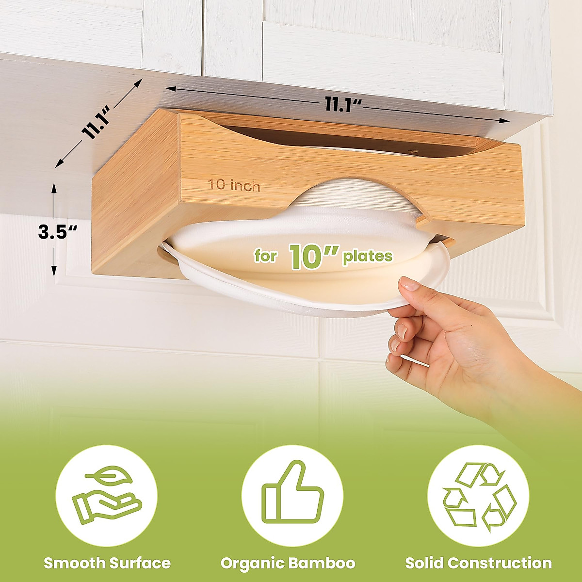 10-inch Paper Plate Dispenser, Bamboo Under Cabinet Paper Plate Holder, Kitchen Countertop Vertical Under Cabinet Plate Rack (For 10-inch Plates, Bamboo)