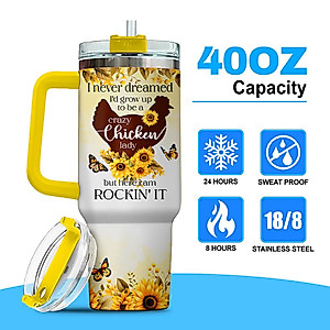 99OWL Crazy Chicken Lady Sunflower, Tumbler 40 Oz With Handle Lid And Straw, Chicken Gifts, Yellow Tumblers Coffee Cups Breed Handle Boss Swig Lovers Spring Women Butterfly