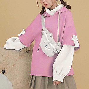 Wkishenl Cute Bear Hoodies For Womens Kawaii Clothes Long Sleeve Aesthetic Sweatshirts Patchwork Shirts With Personality Bag