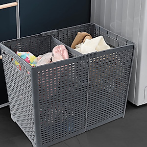 Qqbine Plastic Laundry Hamper Separation Basket with Lid, 2 Sections Folding Laundry Hamper