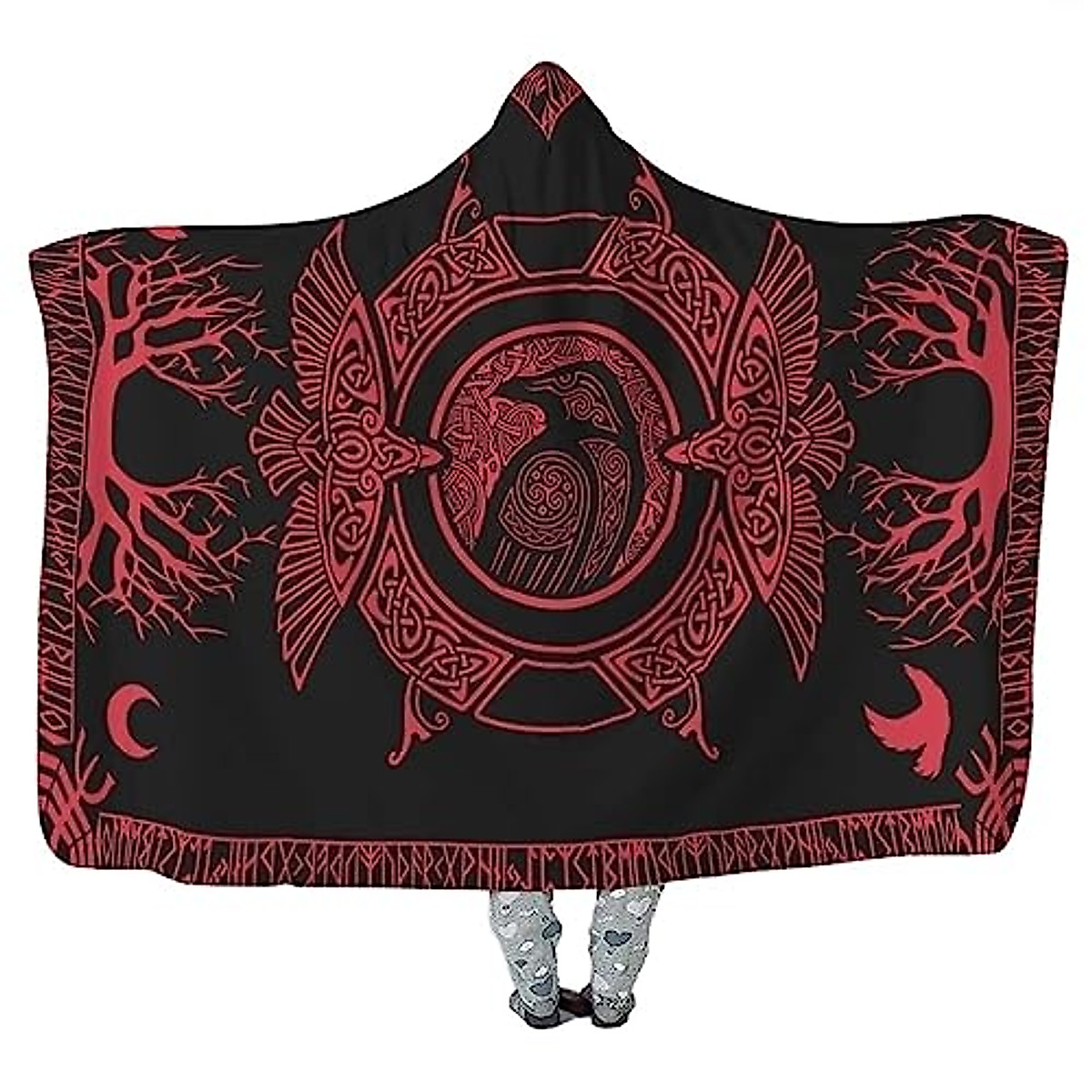 Norse Mythology 3D Printing Hooded Blanket Warm Soft Raven Tree Of Life Rune Unisex Winter Wearable Hooded Blanket Double Thick Plush Wool Blanket Cape ( Color : Blanket , Size : 80x60in/150x200cm )