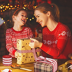 Whaline 2 Rolls Christmas Wired Edge Ribbon Christmas White Red Striped Fabric Ribbon Farmhouse Craft Ribbon for DIY Gift Wrapping Wreath Floral Arrangement Bow Decoration,2.5 Inch x 12 Yard