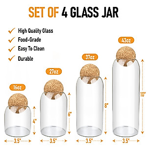 HOMEARAY Glass Food Storage Jars with Lids – Premium Transparent Cereal Jars Storage with Ball Cork Lid – Flour and Sugar Jars with Cork Stopper – Ideal for Storing Your Food