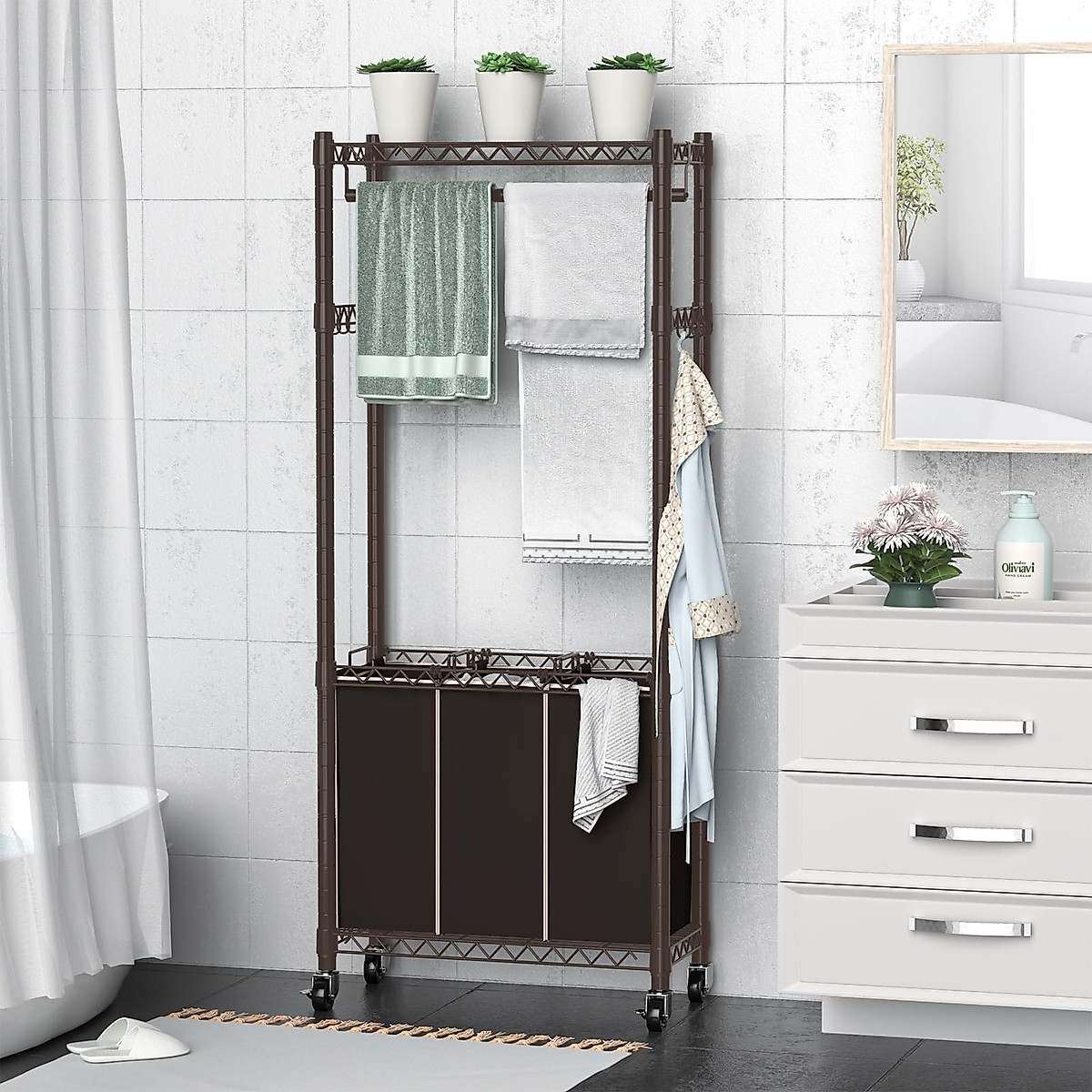 Hodonas Laundry Sorter 3 Section with Hanging Bar, Rolling Laundry Hamper Cart 3-Bag Laundry Basket Organizer Sorter with Hanging Rack Lockable Wheels and Removable Bags for Clothes Storage, Espresso