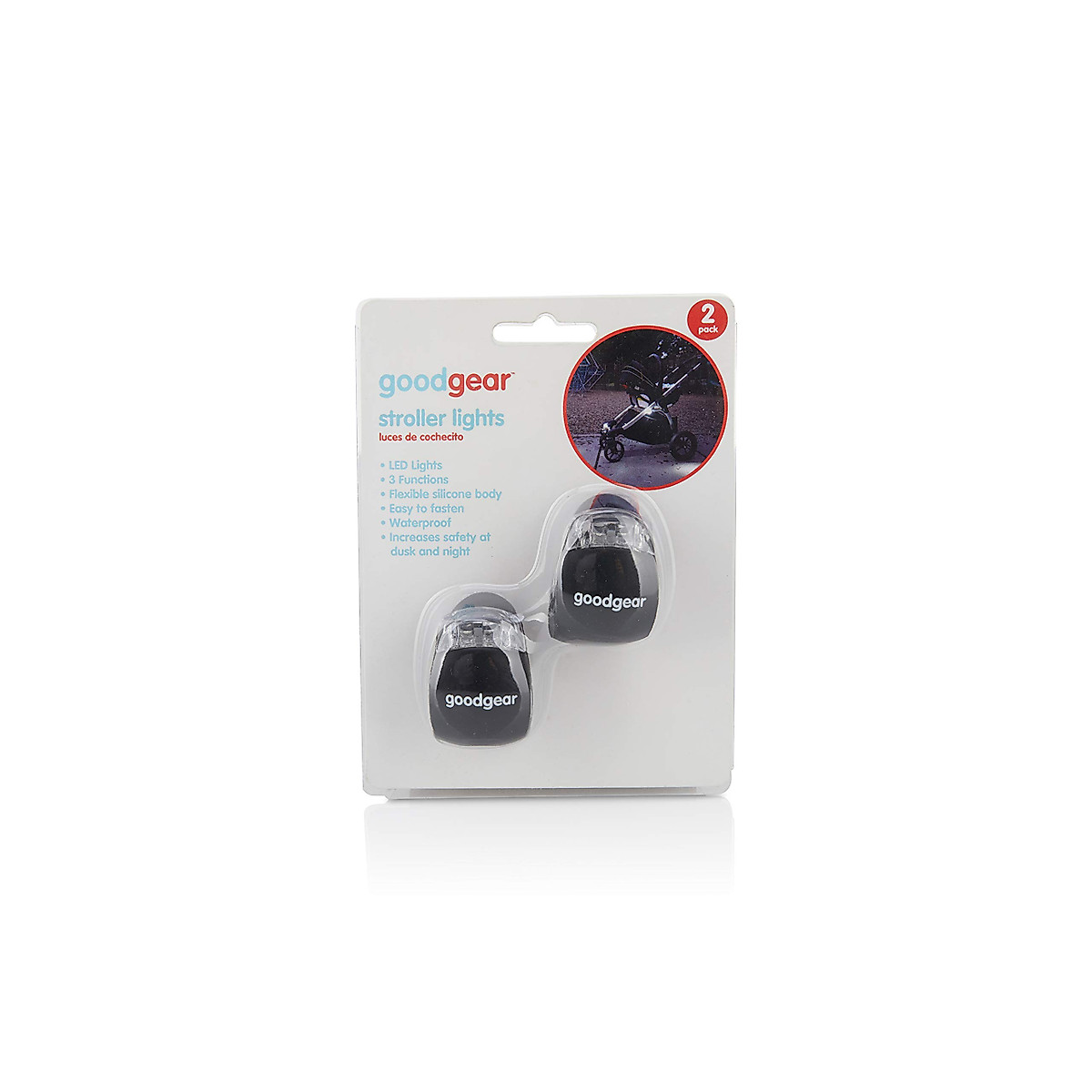 Good Gear 2 Pack Waterproof Silicone Strap Stroller Safety LED Lights, Night Walking Accessories, Battery Operated Visibility Light for Kids Scooter & Bike, Black