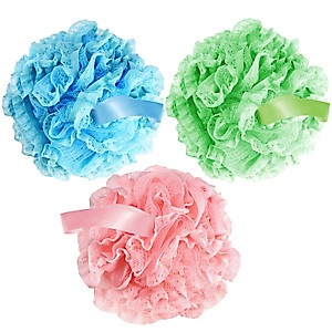 LYFONDYI Shower Puff Bath Sponge Shower Loofahs for Body wash Color Pouf Ball Exfoliating Body Scrubber Set of 3(Red & Green & Blue)