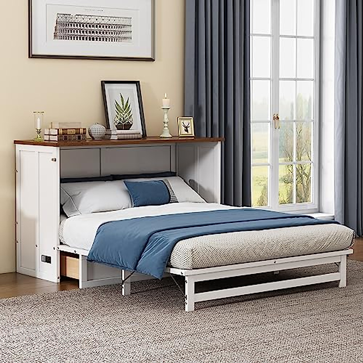 JIVOIT Wooden 2 Pieces Bedroom Set, Full Size Murphy Bed with Two-Drawer Nightstand, Murphy Bed Chest with Charging Station and Large Storage Drawer for Home Office or Small Room
