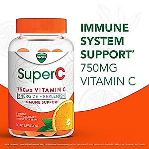 Vicks Super C Vitamin C Gummies, Energize + Replenish, Daytime Supplement for Immune Support with Vitamin C, B Vitamins, Green Tea Extract, Ginseng, and Goji Berries, Citrus Flavored, 36 Gummies