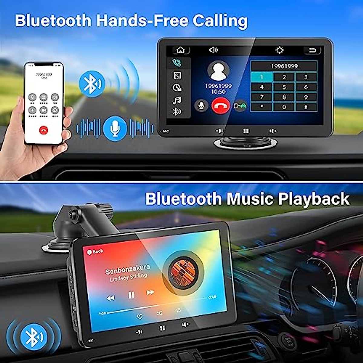 Portable Apple Carplay,Wireless Carplay and Android Auto，7'' Touch Screen Car Stereo,Car Radio with Backup Camera,Wireless AirPlay,Mirror Link,Bluetooth 5.0 Handsfree/FM/AUX/MIC/USB/TF