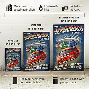 Lantern Press 6x9 Inch Wood Sign, Ready to Hang Wall Decor, Daytona Beach, Florida, Racecar Scene