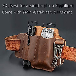XXL EDC Leather Sheath, Leather Knife Belt Sheath Organizer, Tool Pouch Sheath for Most Leatherman Multitools, Key Ring Holder Fob, Holster for 5 inch Knives, Fit Most Tactical Flashlights. Chestnut.