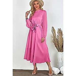 Dokotoo Womens Fall Cocktail Dresses for Women 2023 Long Puff Sleeve Tie Waist Mock Neck High Waist A-Line Casual Birthday Evening Party Formal Midi Dress Pink X-Large