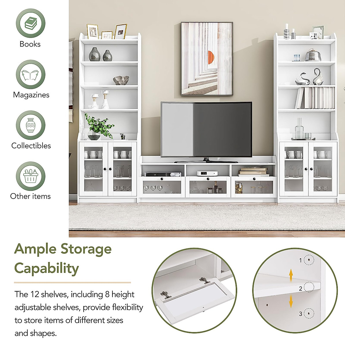 Modern Chic Elegant Entertainment Wall Unit with Tall Cabinets, Multifunctional TV Stand Set for TVs Up to 70", Television Stand with Acrylic Board Door, for Living Room, White