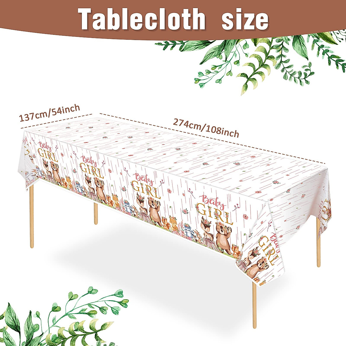 Oudain 3 Pieces Woodland Plastic Tablecloth Woodland Baby Shower Tablecloth Decorations, Woodland Creatures Table Covers for Rectangle Tables Girl Party Supplies Favors, 54 x 108 Inch
