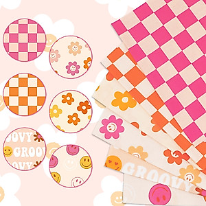 Whaline 6Pcs Retro Groovy Cotton Fabric Bundles 18 x 22 Inch Pink Orange Checkered Flower Fat Quarters Groovy Hippie Quilting Patchwork Squares Sewing Fabrics for DIY Crafting Home Party Decor
