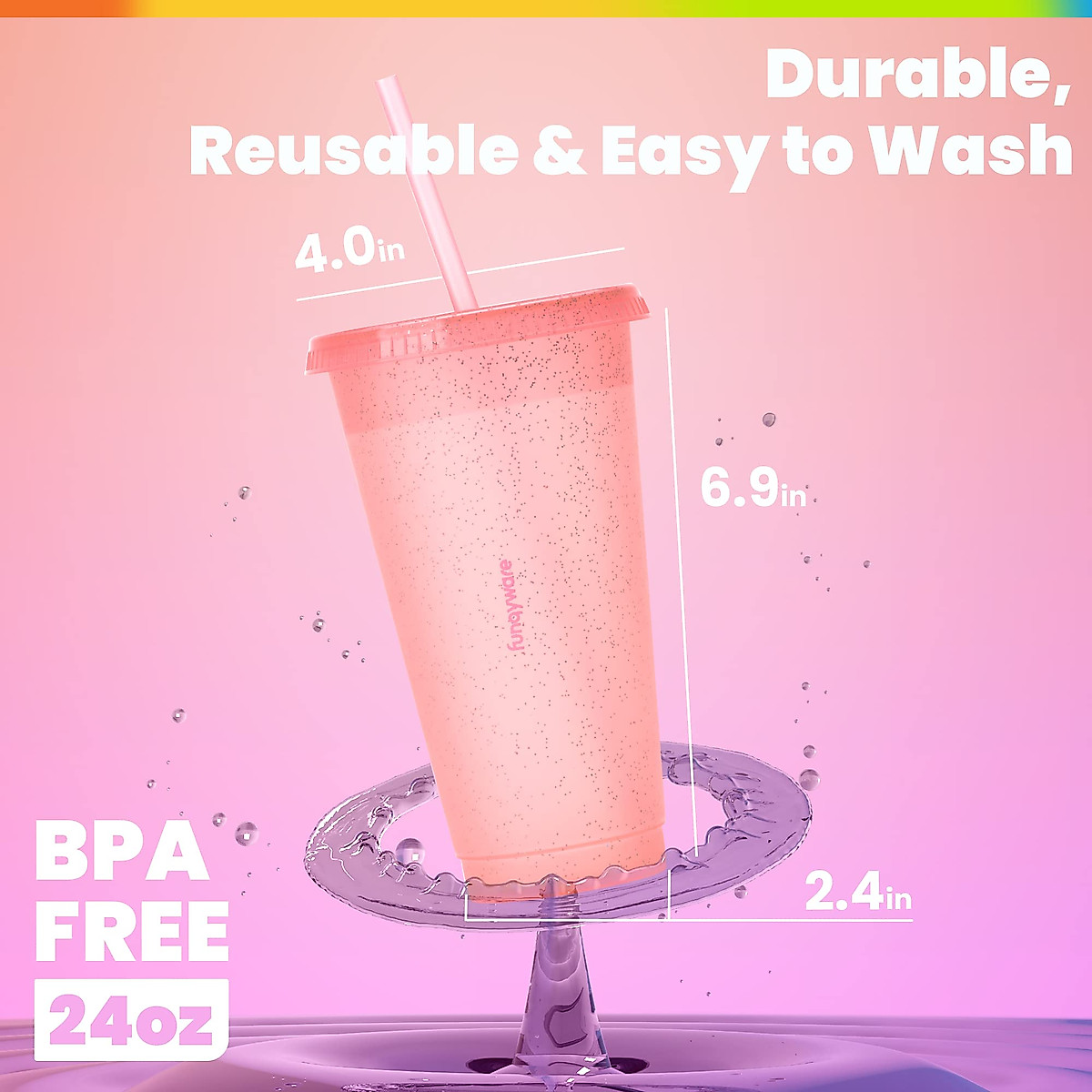 Cups with Lids and Straws for Adults - 5 Glitter Reusable Cups with Lids and Straws in Candy Colors, 24 oz Iced Coffee & Bulk Party Tumblers, Plastic Tumbler with Lid and Straw for Water & Smoothie