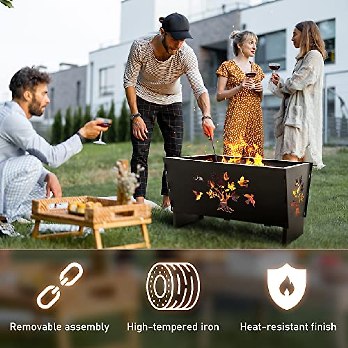 Fire Pits, Outdoor Fire Pit,Firepit for Outside,Wood Burning Fire Pit,28 Inch Cast Iron Fire Pit with Log Grate,Poker Black