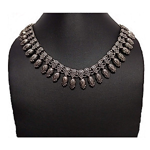 athizay Chunky Necklace Choker for women Indian oxidised silver fashion jewelry tribal inspired antique textured Chokers Metal jewellery (Flax Seed Bead)