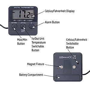 Digital Fridge Freezer Thermometer with Fridge Freezer Temperature Alarm and Max Min Function - Refrigerator Thermometer for Fridge and Freezer Alarm Alert When Temperatures Drop