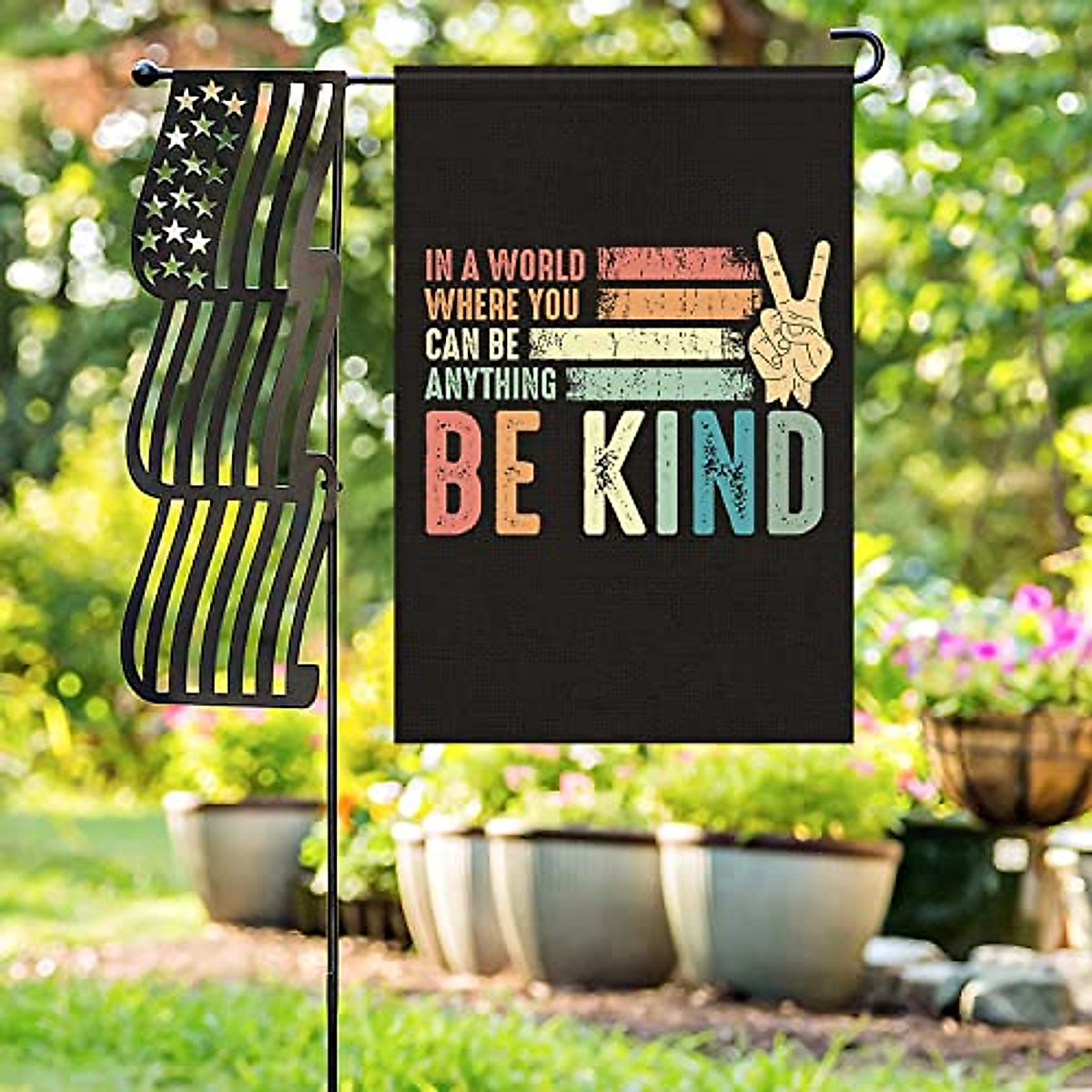 Swooflia In A World Where You Can Be Anything Garden Flag Be Kind Small Yard Flag for Outdoor Outside Decor Burlap Peace Sign Garden Banner 12x18 Inch Double Sided HYQ-260