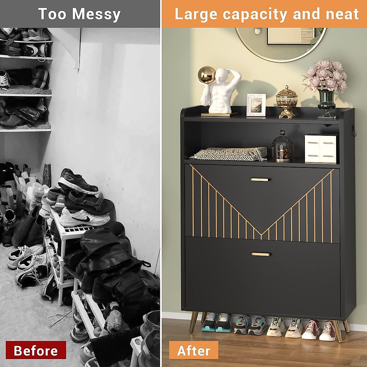 Aheaplus Shoe Cabinet with Flip Doors, Shoes Storage Organizer with Motion Sensor Led Light, Entryway Wood Freestanding Tipping Bucket Shoe Rack with Open Shelves for Closet, Living Room, Black