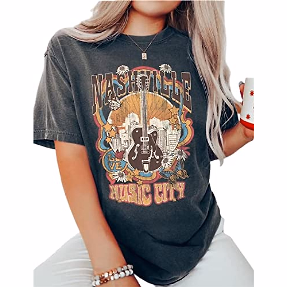 Oversized Nashville Shirts Women Country Music Concert Outfits Casual Rock Band Graphic Tee Tops Rock&Roll T Shirts(M,a-Dark Grey)