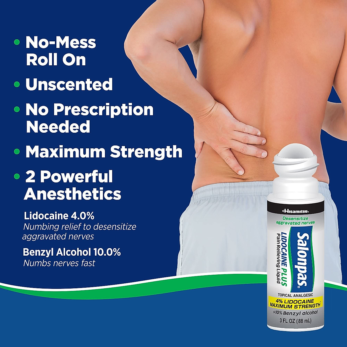 Salonpas LIDOCAINE PLUS 3 oz ROLL ON Pain Relieving Liquid! Maximum Strength 4% Lidocaine for Numbing Pain Relief! MESS FREE Application! (3 PACK)