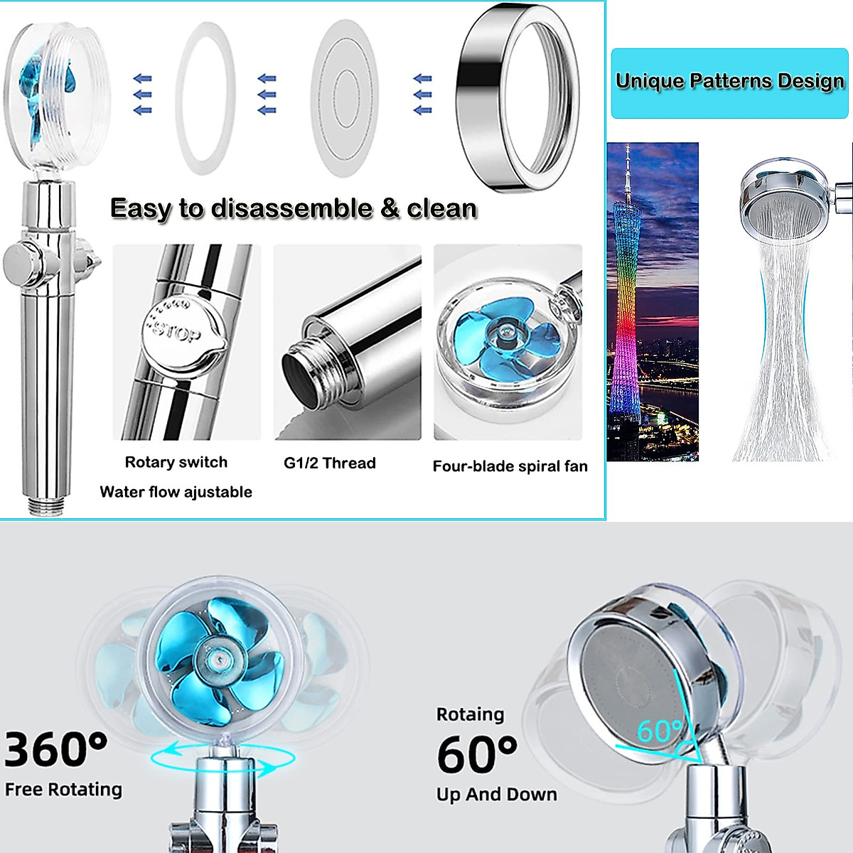 Hydro Jet High Pressure Shower Head Turbocharged Shower Head Handheld Turbo Fan Shower Kit with Replacement Hose/Bracket/Cotton Filters and Bath Loofah, 3 Water Panels for Different Experience